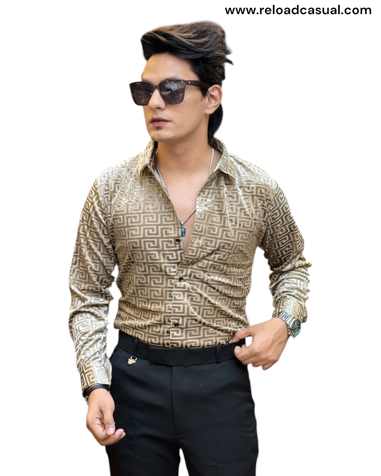 Men’s Premium Velvet H Fabric Shirt – Black & Gold – Reload Casual